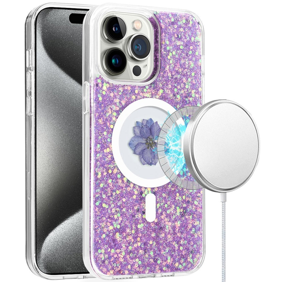 iPhone 15 Pro Light Purple Real Flower Glitter Hybrid Case – CellularPort